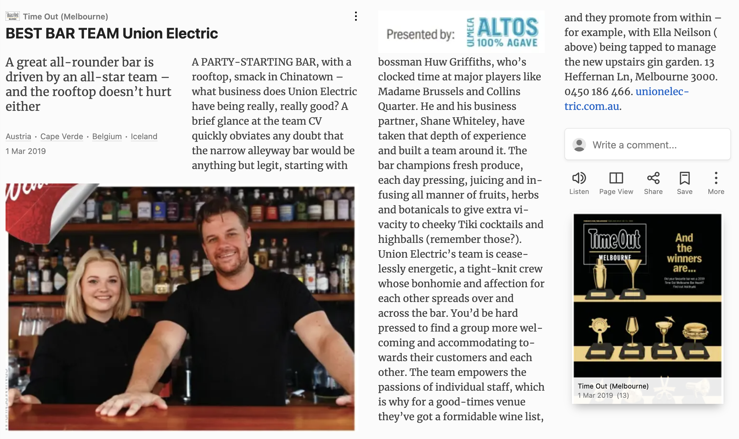 UNION ELECTRIC WINS ‘BEST BAR TEAM’ AT TIME OUT AWARDS – Union Electric